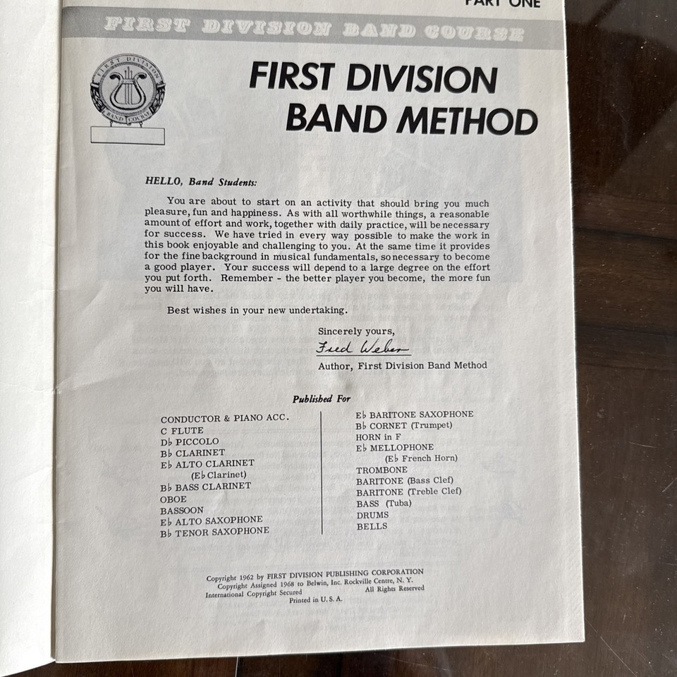First Division Band Method Drums Part One Music Instruction 1968 Fred ...