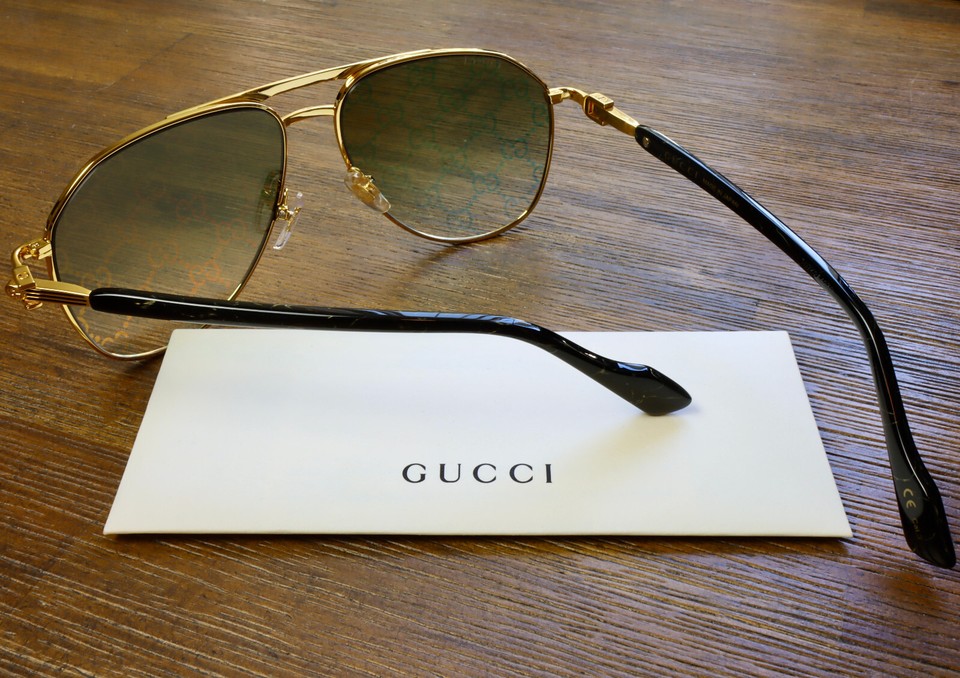 Gucci GG1220S 004 59mm Aviator Sunglasses in Gold/Green with GG Pattern ...