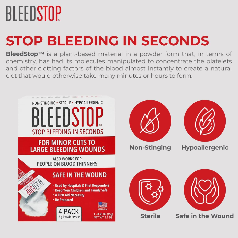BleedStop First Aid Powder for Blood Clotting, Trauma Kit, 4 (15G ...
