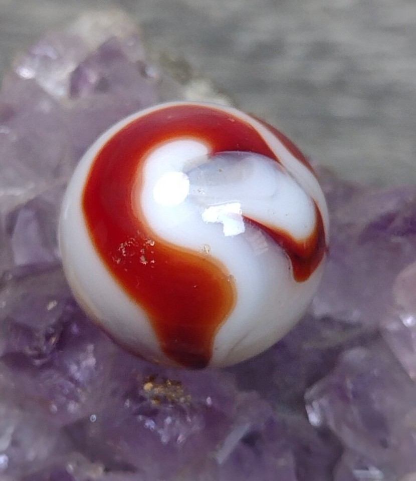 Tri-color Red & Tan & White SWIRL Glass Toy Vintage Marble .63" NM ...