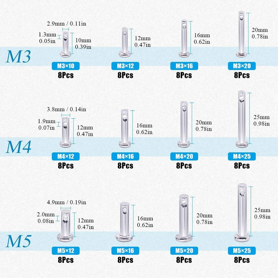 96PCS Clevis Pin Assortment Kit 12 Sizes 304 Stainless Steel Flat Head ...
