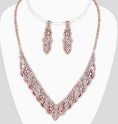 PRINCESS ROSE GOLD & CLEAR CRYSTAL PROM BRIDAL FORMAL NECKLACE JEWELRY ...