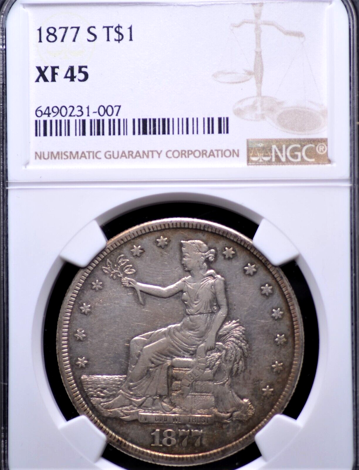 1877 S TRADE DOLLAR NGC CHOICE EXTREMELY FINE 45 LIGHT COIN SILVER GREY ...