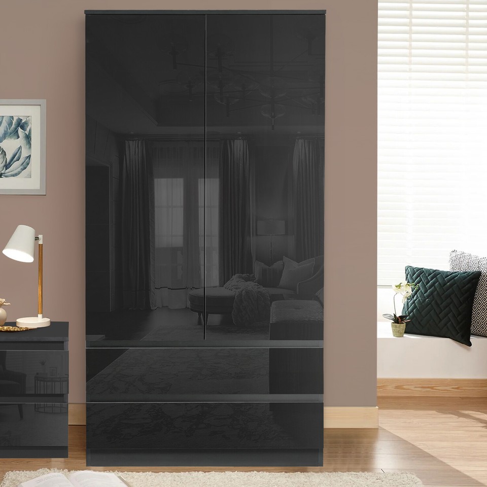 High Gloss 3 Door 2 Drawers Wardrobe With Shelves Storage Bedroom ...