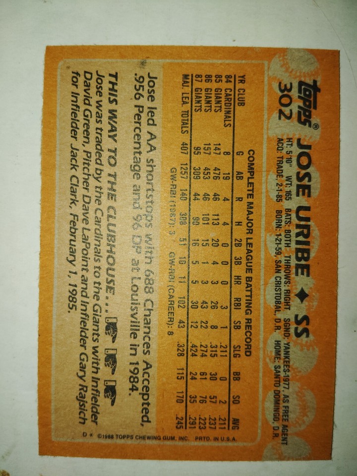 1988 topps jose uribe 302 | eBay