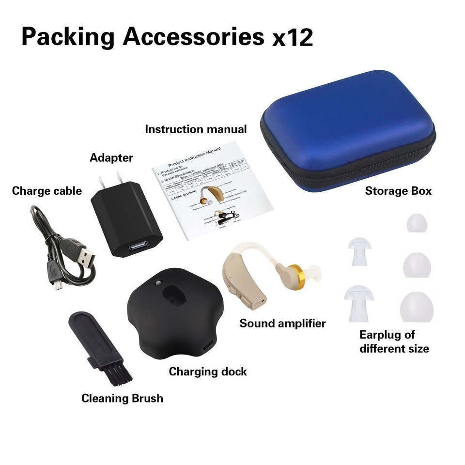 Digital Rechargeable Hearing Aids Kit BTE Behind the Ear Voice Sound ...