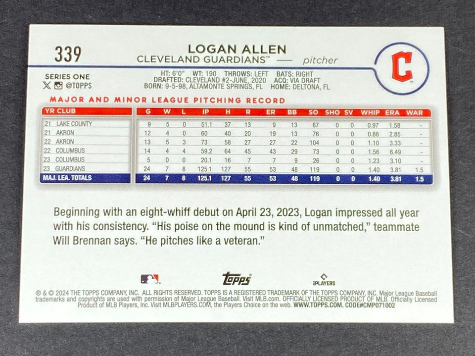 2024 Topps Series 1 Logan Allen (Guardians) #339 Gold Foil | eBay
