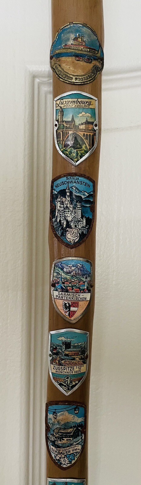 Vintage German Wood Cane Walking Stick with 12 Badges - Gem