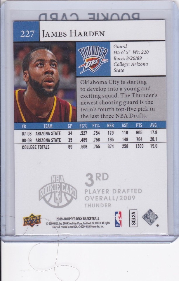 JAMES HARDEN ROOKIE CARD 2009 Upper Deck Basketball STAR RC Thunder ...