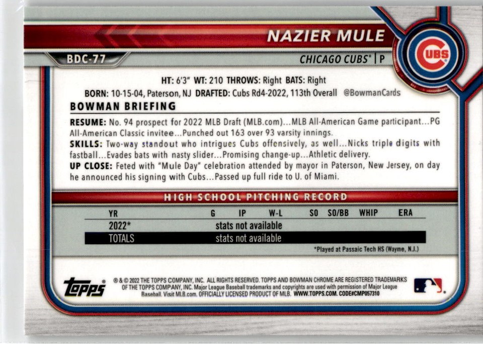 2022 Bowman Draft Baseball Chrome Nazier Mule #BDC-77 | eBay