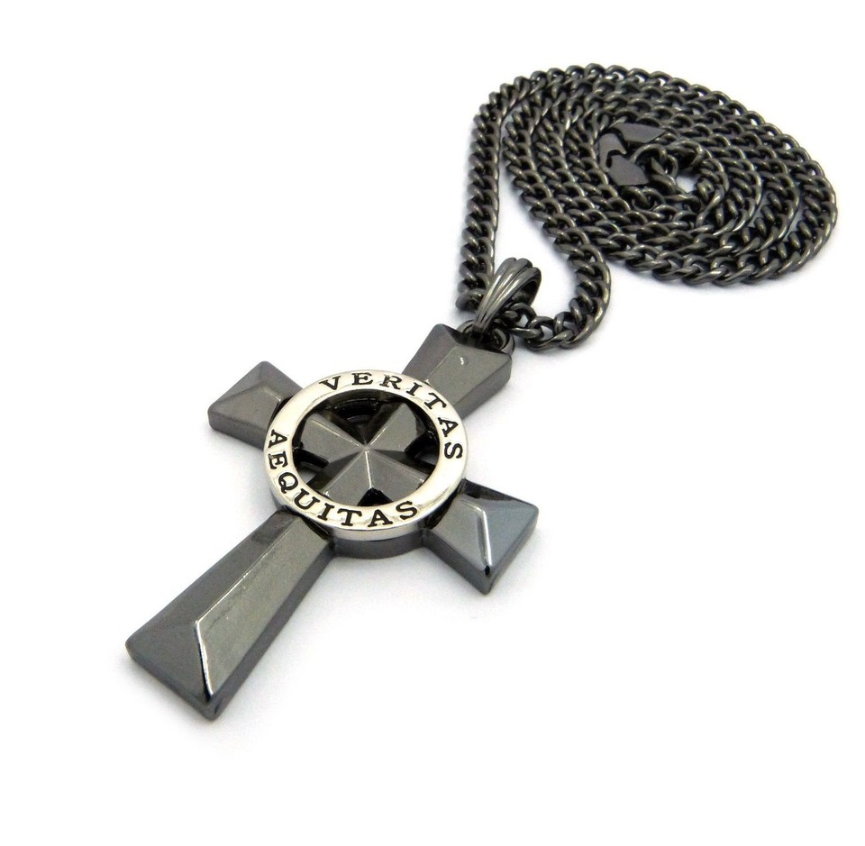 MENS VERITAS AEQUITAS CROSS BOONDOCK SAINTS PENDANT CHARM CUBAN CHAIN ...