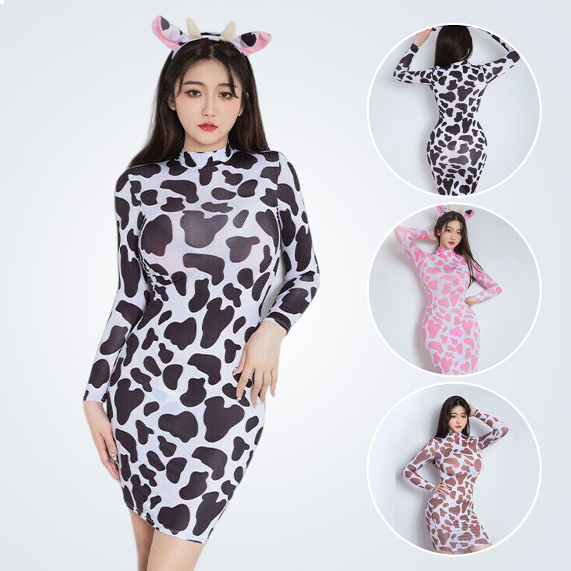 Women Sexy Cow Printed Semi Sheer Bodycon Dress Long Sleeve Nightwear ...