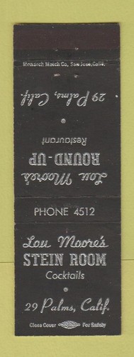 Matchbook Cover - Lou Moore's Sirloin Room 29 Palms CA Twenty Nine | eBay