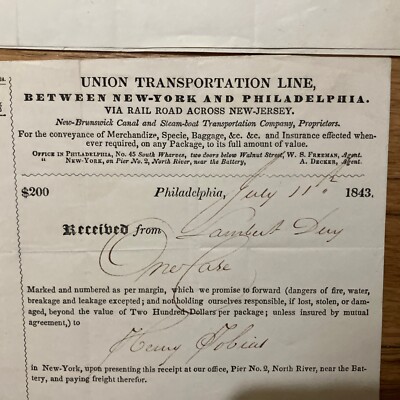 6 1830s-40s UNION TRANSPORTATION LINE PHILADELPHIA PA FREIGHT BILL ...