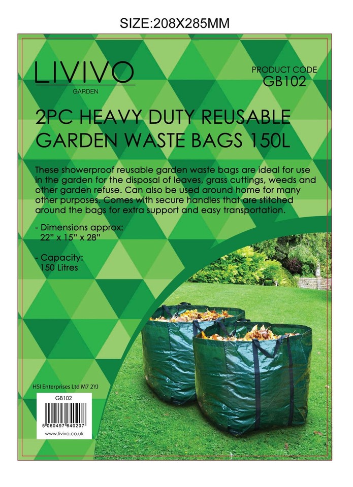 2x 150L Large Garden Waste Bags Heavy Duty Refuse Storage Sacks Handles ...