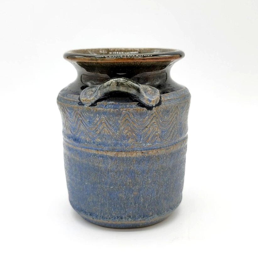 Vintage Studio Art Pottery Vase Handmade Dark Blue Etched Waves ~Artist ...