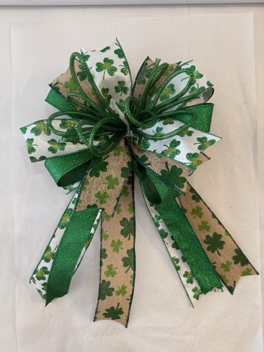 St Patrick’s Handmade Bow Irish Shamrock Wired Ribbon Green White ...