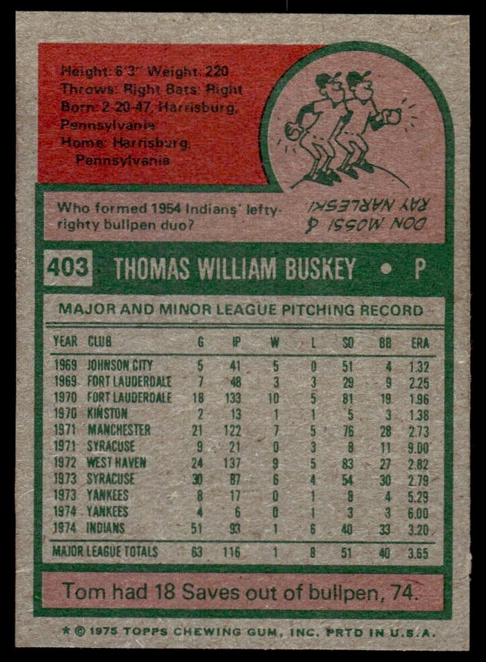1975 Topps Mini Tom Buskey Rookie Cleveland Indians #403 | eBay