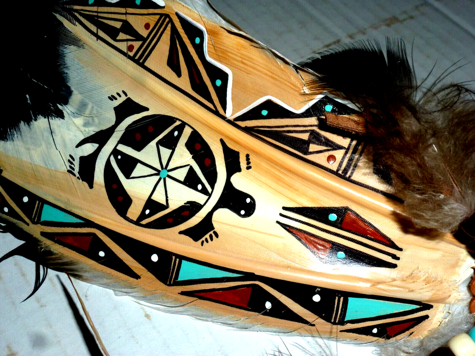 Native American Navajo Hand Painted Feather Fan Beads Leather Concha | eBay