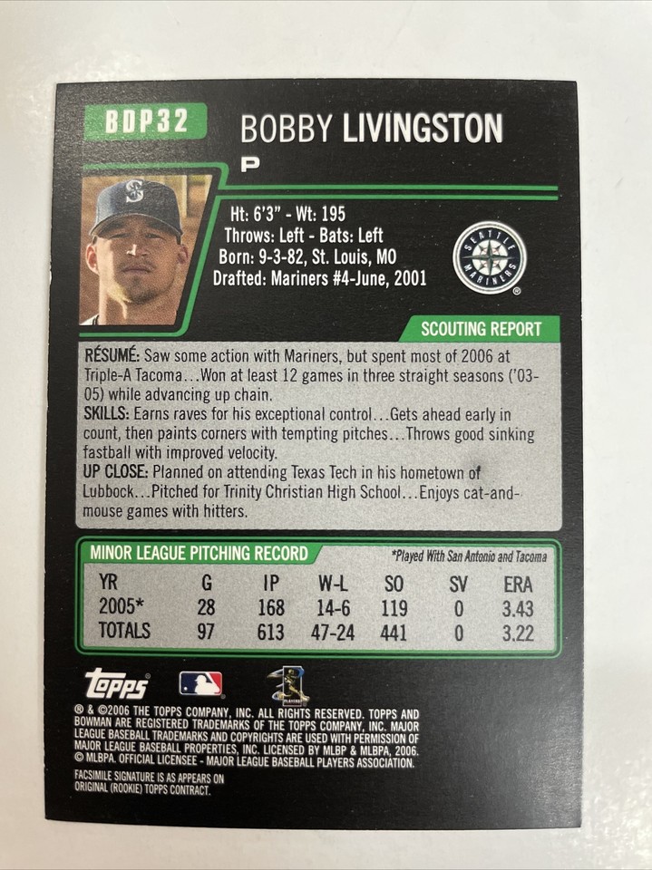 Bobby Livingston Autographed 2006 Bowman Card #32 Seattle Mariners A ...