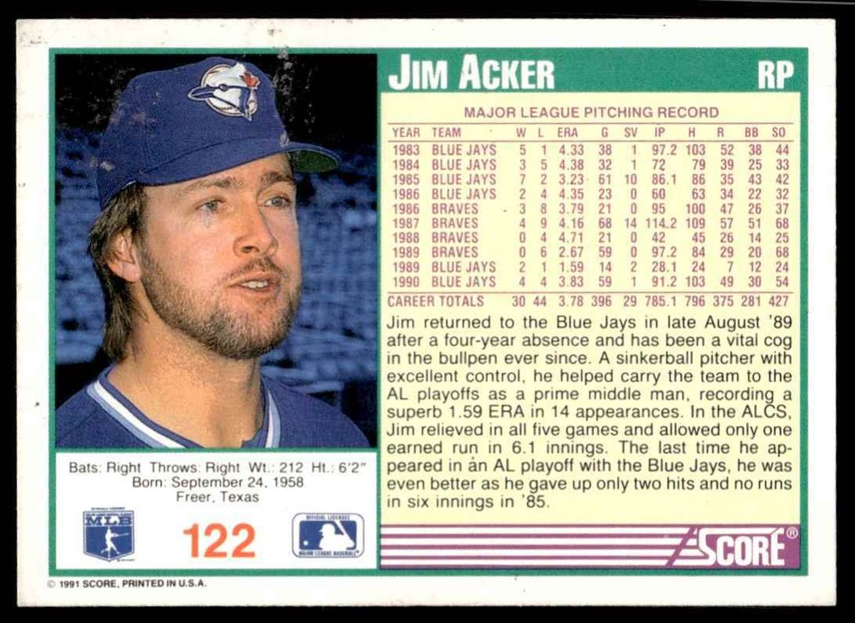 1991 Score Baseball Card Jim Acker Toronto Blue Jays #122 | eBay