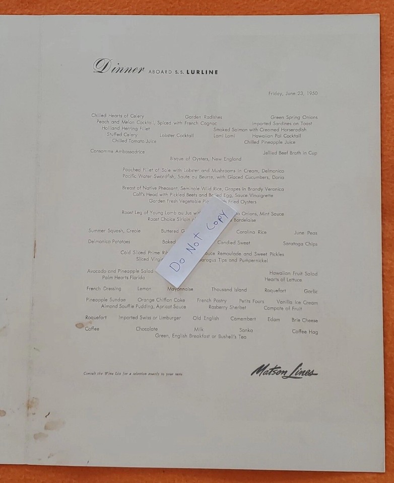 1950 MATSON CRUISE LINE DINNER MENU S.S. LURLINE HAWAIIAN SOUVENIR ...