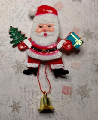Vintage Christmas Santa Pull Bell Jump Up Plastic Pin Brooch | eBay