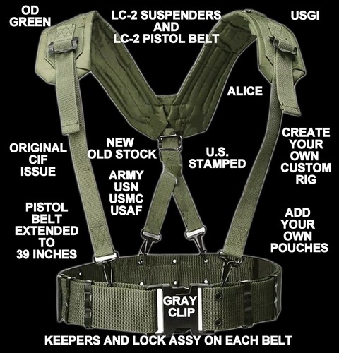 ORIGINAL USGI ALICE LBE IBE SUSPENDERS OD GREEN W/ PISTOL BELT LC-2 ...