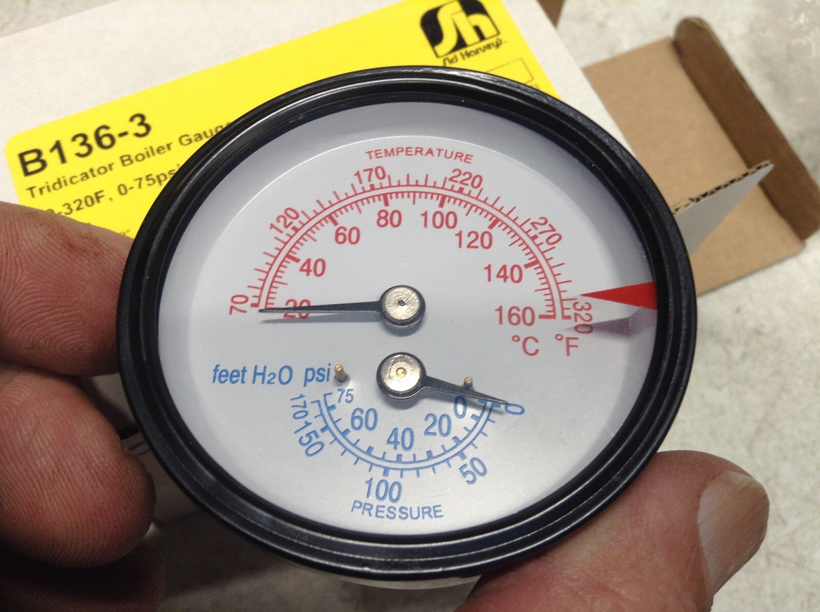 NEW BOILER GAUGE TRIDICATOR, 70-320 F, 0-75 PSI, 1/4 CBM MOUNT, 1-3/4 ...