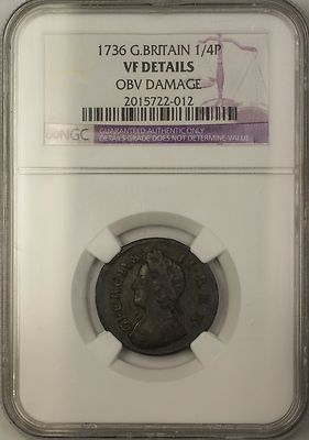 1736 Great Britain 1/4 Penny Farthing Coin NGC VF Details Obverse ...