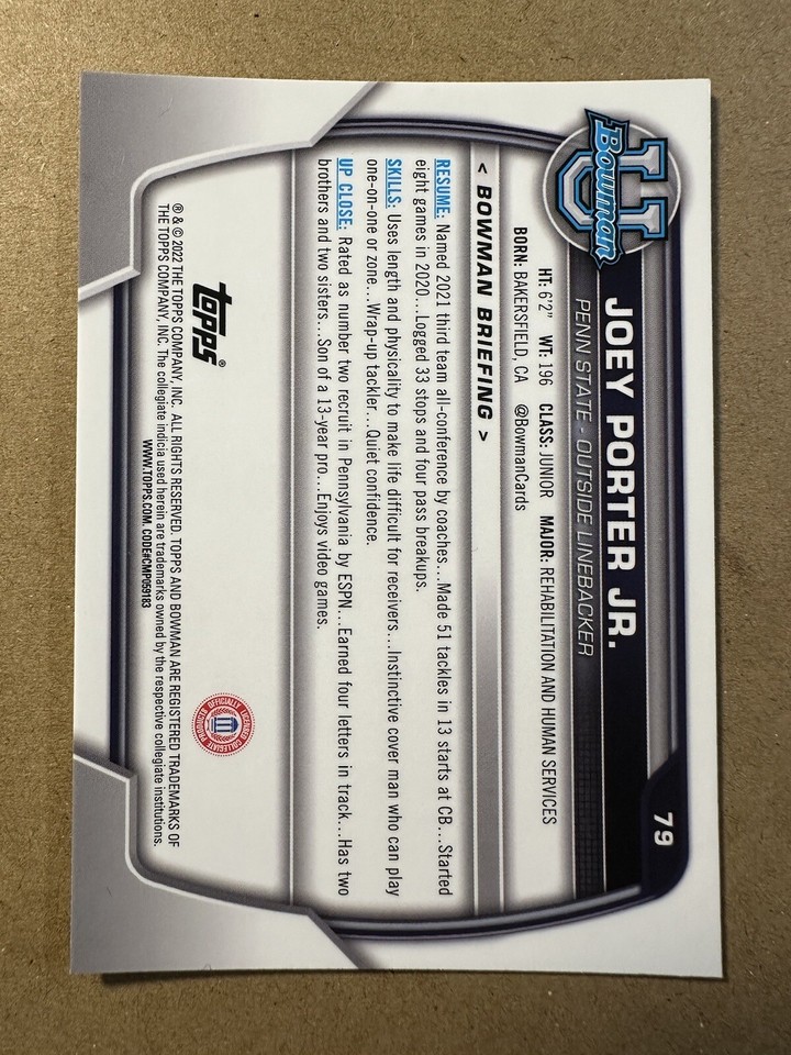 Joey Porter Jr. 2022 BOWMAN UNIVERSITY CHROME ROOKIE CARD #79 STEELERS ...