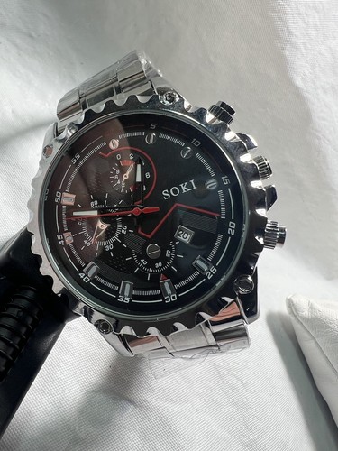 soki mens watch, date, blackface,45mm Case, Stainless Steel ...