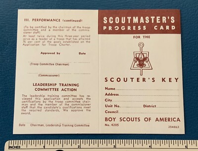 NOS SCOUTER'S KEY Boy Scout Scoutmaster's PROGRESS CARD BSA Award ...