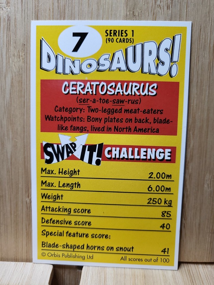 DINOSAURS! Orbis Swap it🏆 1992 #7 CERATOSAURUS Trading Card🏆FREE POST ...