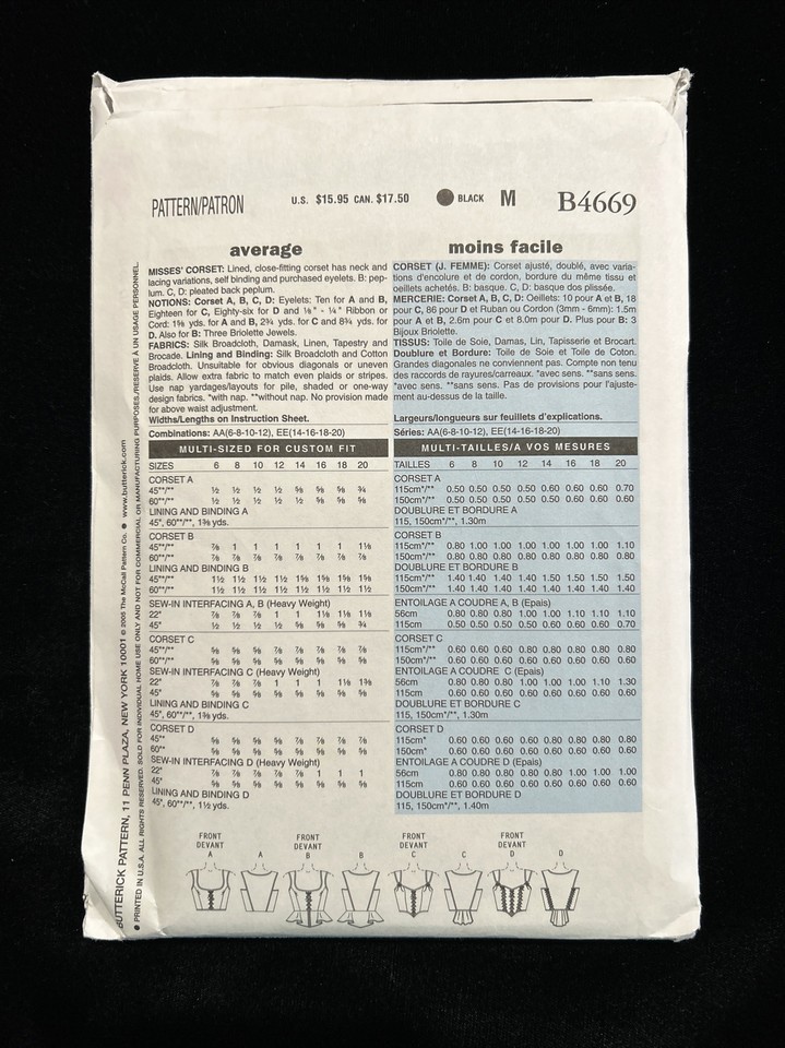 BUTTERICK PATTERN 4669 CORSETS HISTORICAL COSTUME MISSES SIZES 14 16 18 ...