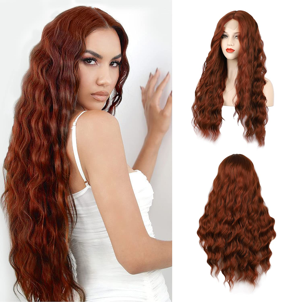 Long Wavy Copper Red Wig for Women Curly Synthetic Lace Wig Water Wave ...