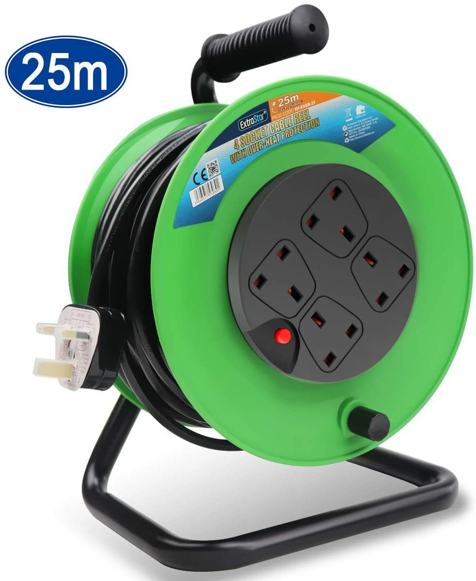 4 WAY HEAVY DUTY CABLE METER 25M METRE EXTENSION REEL LEAD MAINS SOCKET ...
