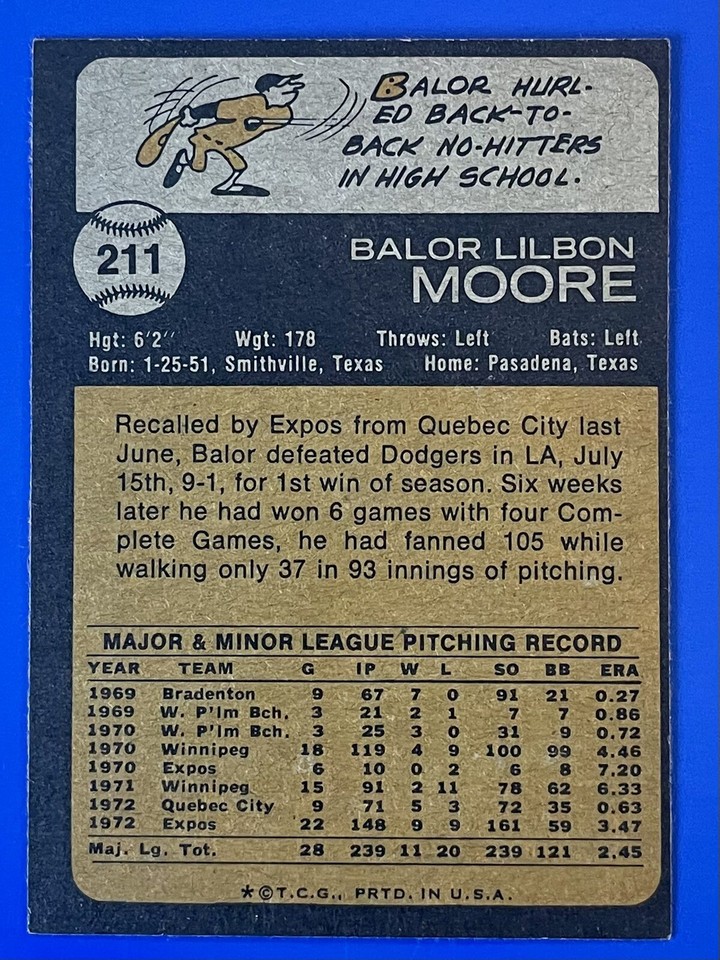 1973 TOPPS - Baseball Card # 211 - BAYLOR MOORE - Montreal Expo’s ...