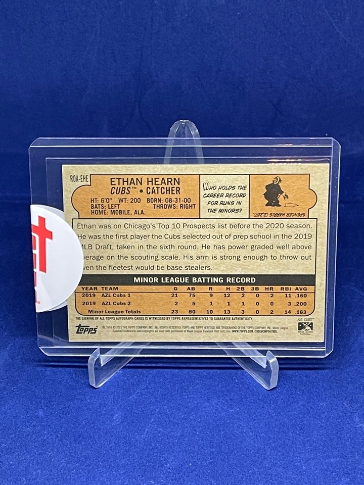 ETHAN HEARN 2021 TOPPS HERITAGE MINORS REAL ONE ON CARD AUTO PROSPECT ...