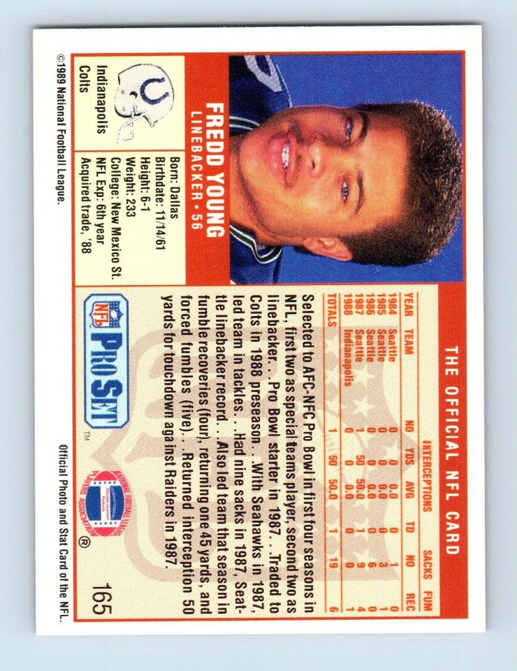 1989 Pro Set Fredd Young Indianapolis Colts #165 | eBay