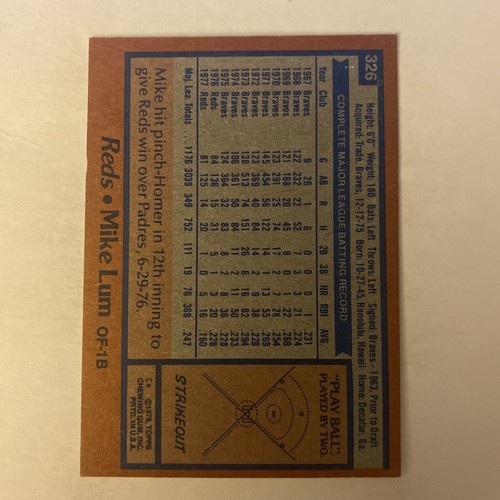 1978 Topps Baseball Mike Lum Cincinnati Reds Card #326 | eBay
