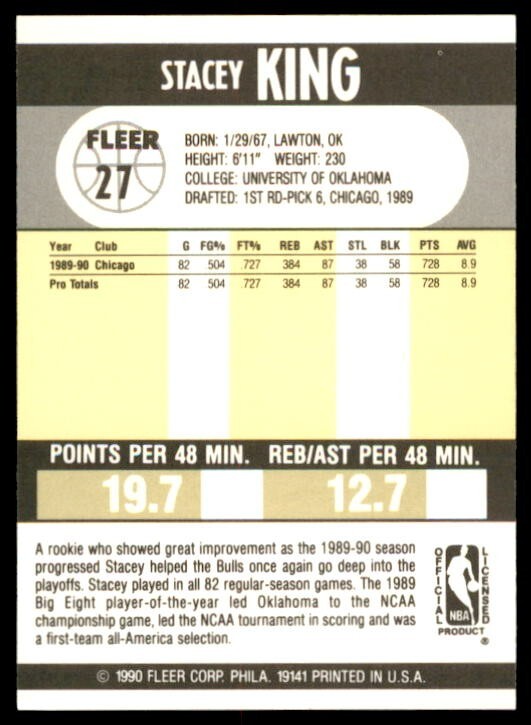 1990-91 FLEER BASKETBALL CARD CHICAGO BULLS #27 STACEY KING | eBay