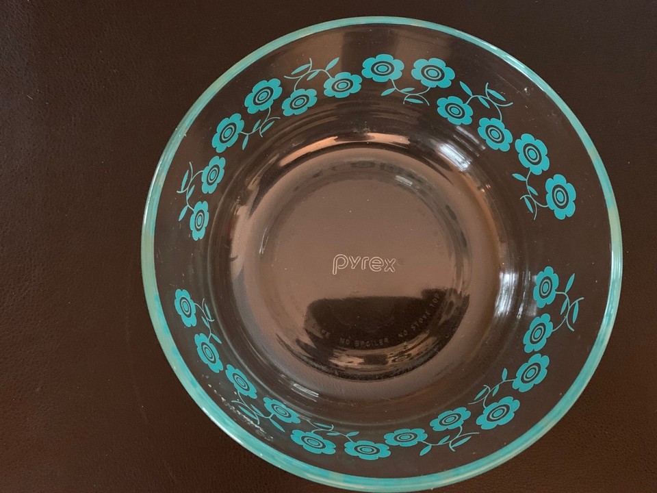 Pyrex 7201 Clear Glass Bowl 1 Qt (950ml) Teal Flowers- USA Made -No Lid ...