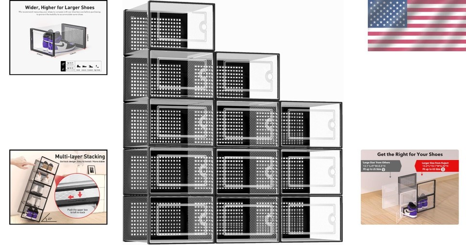 X-Large Clear Plastic Shoe Storage Boxes 12 Pack Stackable Organizer ...