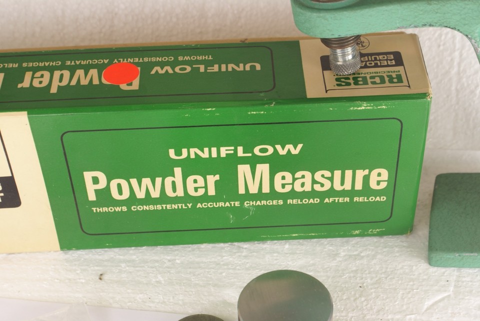 RCBS UNIFLOW POWDER MEASURE WITH BOTH CYLINDERS & STAND, TRICKLER BRUSH ...