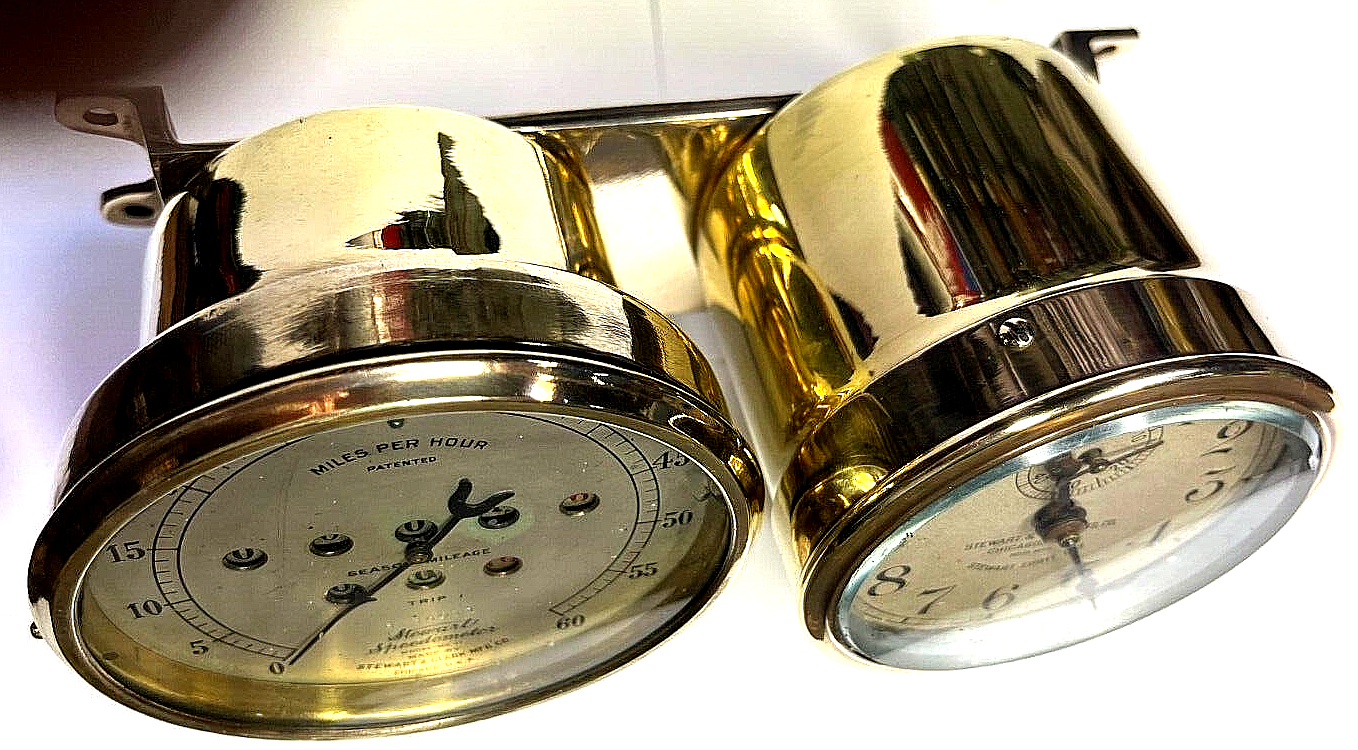 STEWART BRASS SPEEDOMETER W/STEWART CLOCK MODEL T FORD STANLEY REO T ...