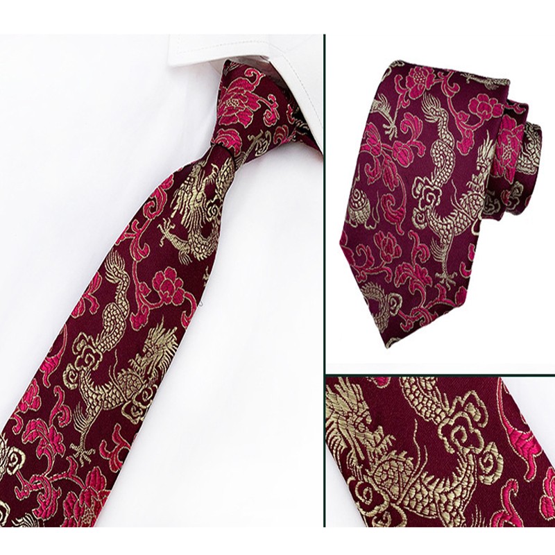 Men Dark Red 8CM Wide Chinese Dragon Floral Jacquard Necktie Wedding ...