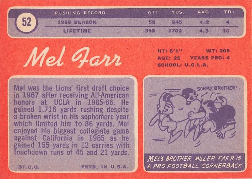 MEL FARR 1970 TOPPS FOOTBALL #52 | eBay