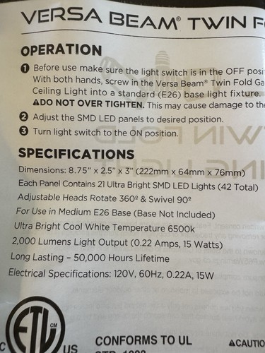 Farpoint- Versa Beam Twin Fold Garage & Ceiling Light 2000 Lumens | eBay