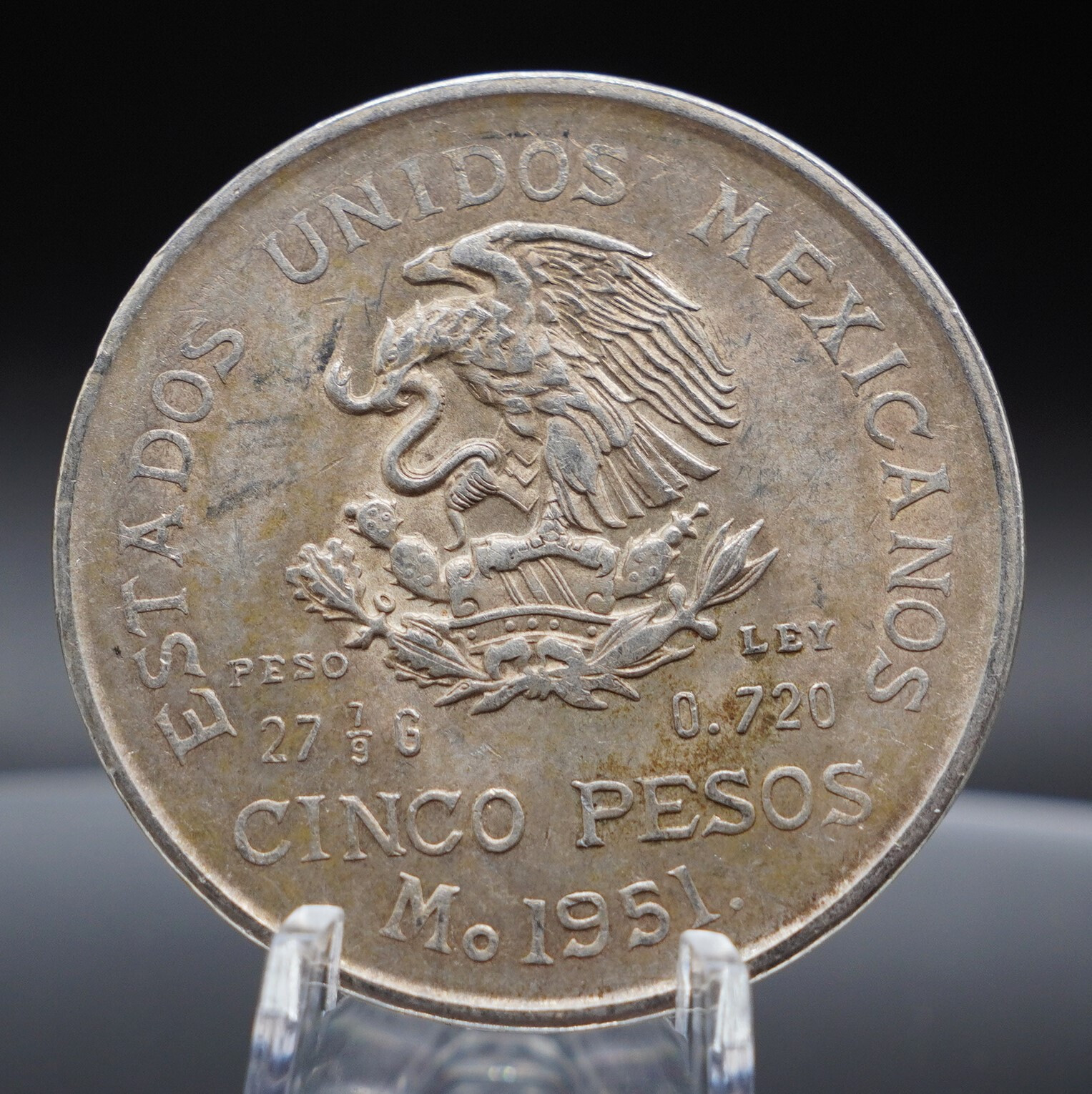 1951 Cinco Pesos Mo Mint Mexico Hidalgo .720 Estados Unidos Silver coin ...